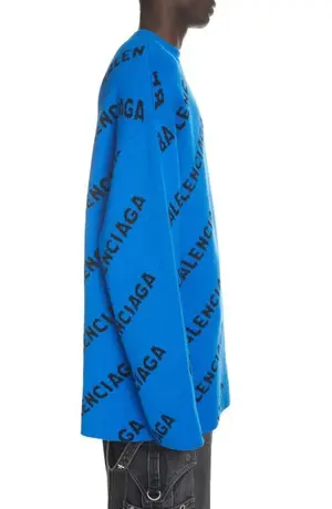 Balenciaga Intarsia Diagonal Logo Oversize Wool Blend Sweater - Blue/black