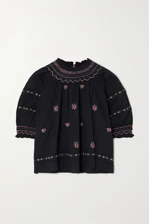 The Great. The Folklore Smocked Embroidered Cotton-voile Top