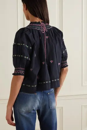 The Great. The Folklore Smocked Embroidered Cotton-voile Top