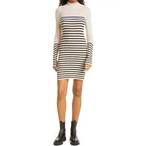 Rag & Bone Kate Stripe Turtleneck Long Sleeve Rib Sweater Dress - Ivory Multi