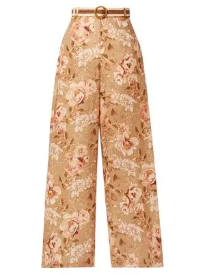 Zimmermann Rosa Belted Floral-print Linen Wide-leg Pants