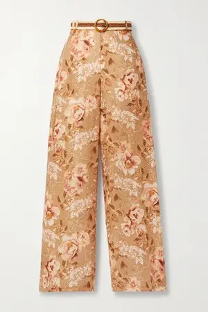 Zimmermann Rosa Belted Floral-print Linen Wide-leg Pants