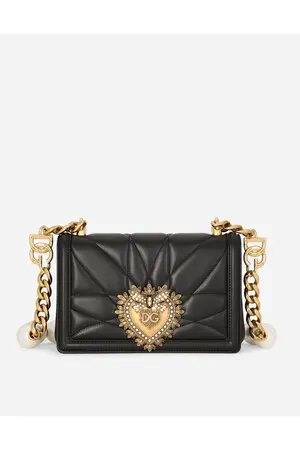 Dolce & Gabbana Medium Devotion Bag In Quilted Nappa Leather With Bejeweled Strap - Black
