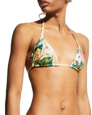 PQ SWIM Embroidered Botanical-print Triangle Bikini Top - Oasis