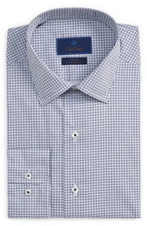 David Donahue Fusion Performance Geo Print Stretch Dress Shirt - White/navy