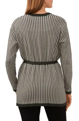 Chaus Houndstooth Belted Cotton Cardigan - Moss