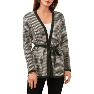 Chaus Houndstooth Belted Cotton Cardigan