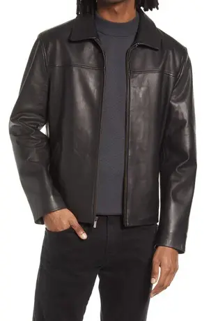 Cole Haan Smooth Lamb Leather Collared Jacket - Black