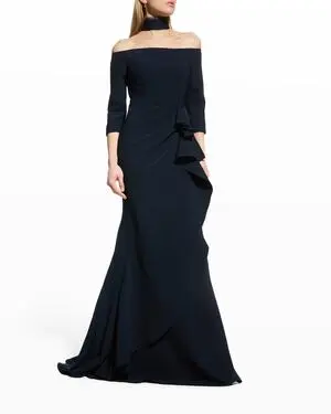 Jovani Off-shoulder 3/4-sleeve Side-ruffle Gown - Navy