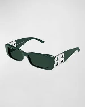 Balenciaga Logo Rectangle Sunglasses Shiny Solid Dark Green