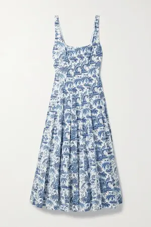 Staud Wells Pleated Printed Stretch-cotton Poplin Midi Dress