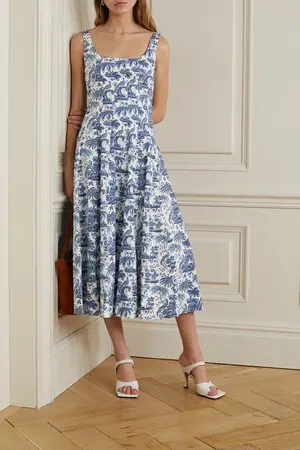 Staud Wells Pleated Printed Stretch-cotton Poplin Midi Dress
