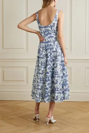 Staud Wells Pleated Printed Stretch-cotton Poplin Midi Dress