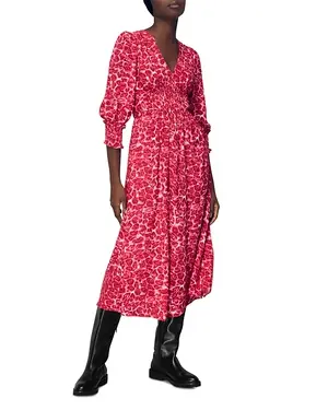 Whistles Clouded Leopard Shirred Midi Dress - Pink/multi