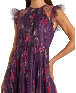 Mac Duggal Floral Flutter Sleeve Midi Dress