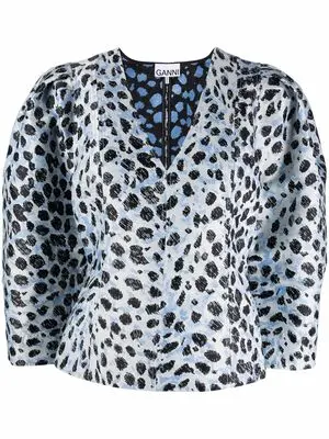 GANNI Leopard-print Puff-sleeve Top