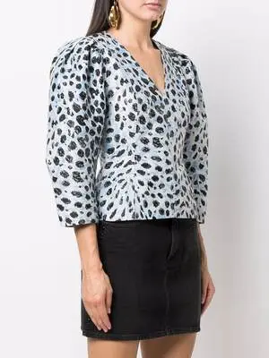 GANNI Leopard-print Puff-sleeve Top