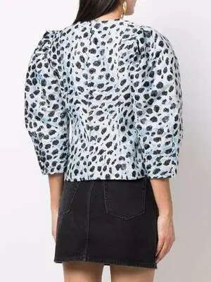 GANNI Leopard-print Puff-sleeve Top