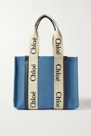 Chloé Woody Medium Leather-trimmed Denim Tote