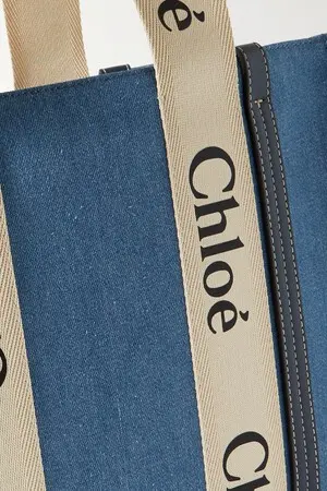 Chloé Woody Medium Leather-trimmed Denim Tote
