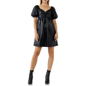 English Factory Faux Leather Babydoll Mini Dress - Black