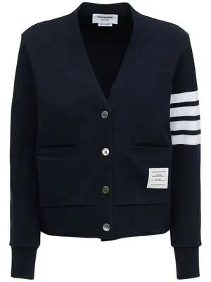 Thom Browne V Neck Intarsia Stripes Cotton Cardigan Navy