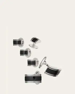 JAN LESLIE Curved Onyx Cufflinks Studs Set - Silver
