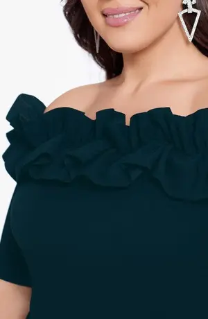 XSCAPE EVENINGS Ruffle Off-the-shoulder Sheath Dress - Pine