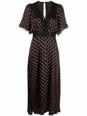 Maje Monogram Flared Silk Dress - Black