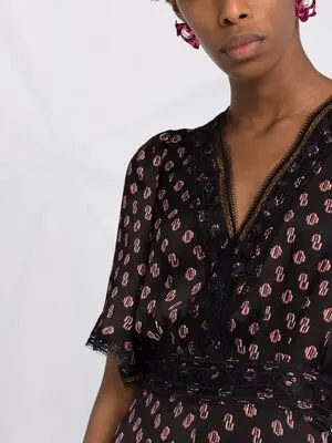 Maje Monogram Flared Silk Dress