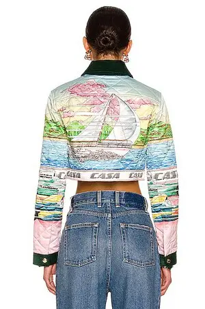 Casablanca Printed Quilted Satin Cropped Jacket In Blue