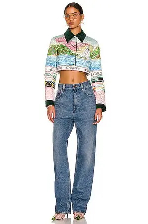 Casablanca Printed Quilted Satin Cropped Jacket In Blue