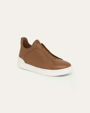 Zegna Triple Stitch Deerskin Leather Sneakers - Coffee