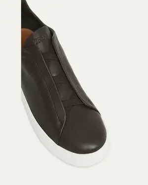 Zegna Triple Stitch Deerskin Leather Sneakers - Coffee
