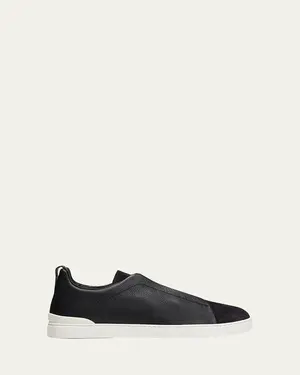 Zegna Triple Stitch Leather And Suede Sneakers - Navy