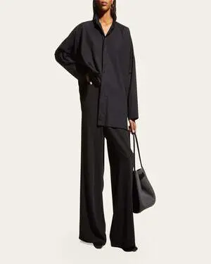 Eskandar Wide Double Stand Collar Long Shirt - Black