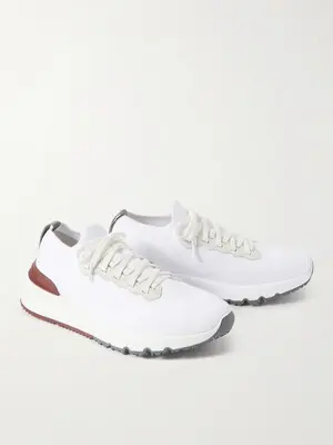 Brunello Cucinelli Leather-trimmed Stretch-knit Sneakers - White
