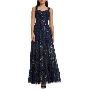 Dress The Population Anabel Floral Sequin Fit & Flare Gown - Navy