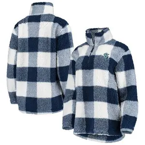 G-III 4HER BY CARL BANKS Deep Sea Blue/white Seattle Kraken Plaid Sherpa Quarter-zip Jacket - Navy