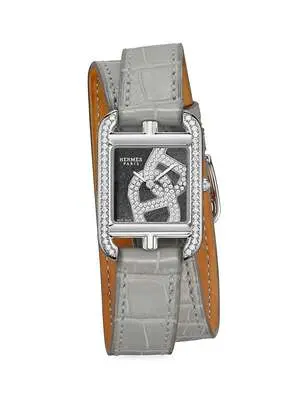 Hermès Women's Cape Cod 31MM Chain D'Ancre Stainless Steel, Diamond & Alligator Double-Wrap Strap Watch - Grey - Grey