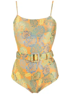 AMIR SLAMA Palm Leaf Print Belted Swimsuit - Orange