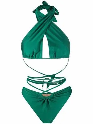 NOIRE SWIMWEAR Lattice-strap Halterneck Swimsuit - Green