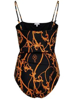 GANNI Printed Recycled Tech One Piece Swimsuit - Black,orange