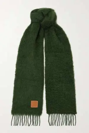 Loewe Leather-trimmed Fringed Mohair-blend Scarf Green