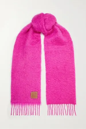Loewe Leather-trimmed Fringed Mohair-blend Scarf Pink