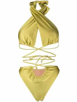 NOIRE SWIMWEAR Lattice-strap Halterneck Swimsuit - Yellow