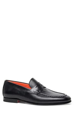 Santoni Door Moc Toe Penny Loafer - Black