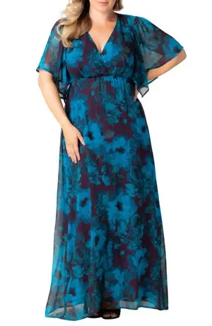 KIYONNA Carmella Flutter Sleeve Gown - Tempting Teal Florals