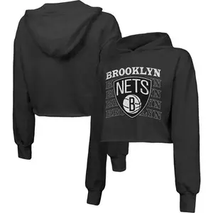 MAJESTIC THREADS Brooklyn Nets Repeat Cropped Tri-blend Pullover Hoodie - Black