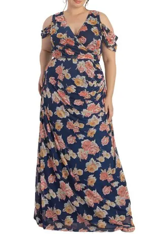 KIYONNA Seraphina Cold Shoulder Mesh Gown - Brushed Florals